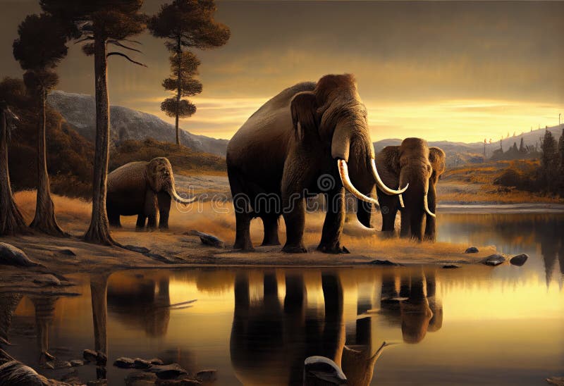 Mammoth at Sunset by the Lake. Stock Illustration - Illustration of ...