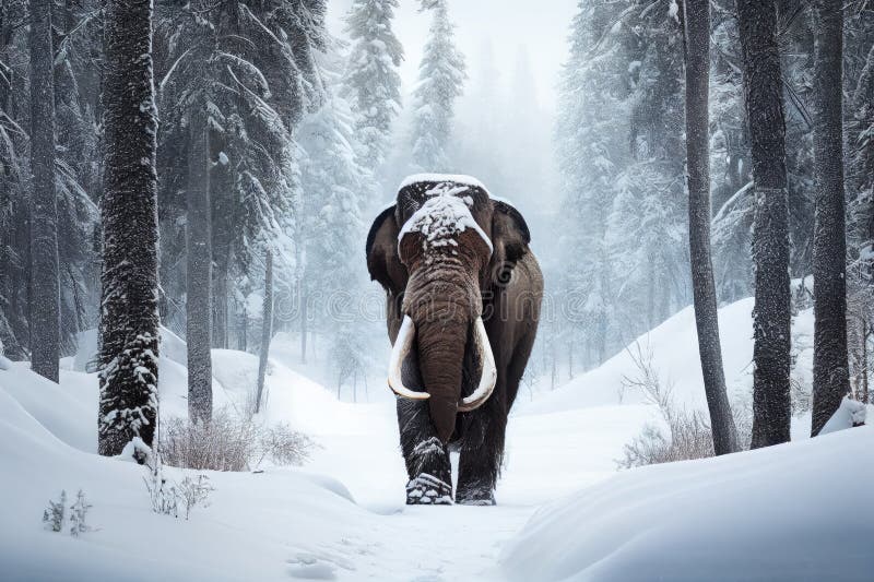 Mammoth Walking through Snow-covered Forest, Its Footprints Visible ...