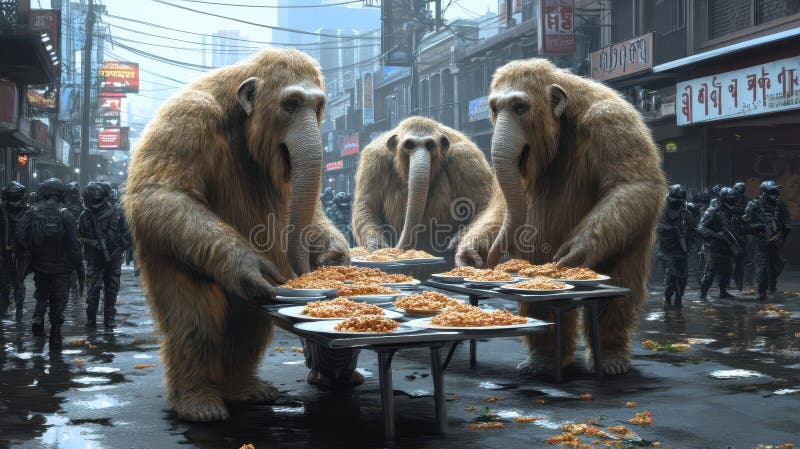 Mammoths Eating in Futuristic City Stock Photo - Image of food, rain ...