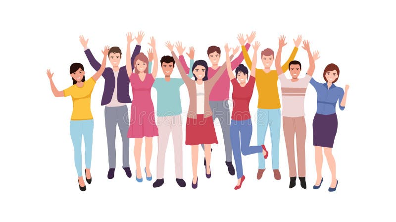 Group of Happy People Raising Hand Celebrating Success in Flat Icon ...