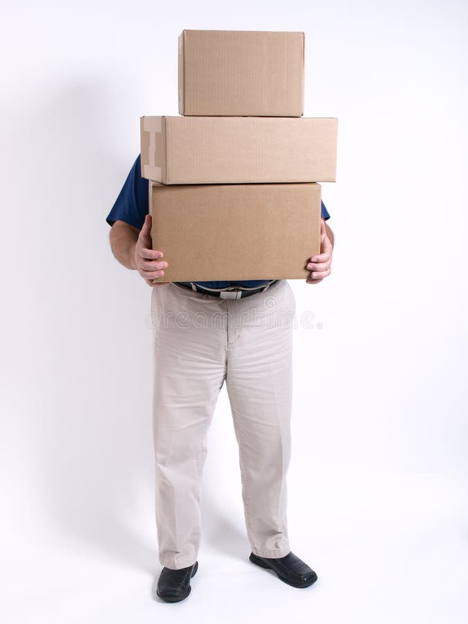 Man with 4 stacked Boxes stock photo. Image of blue, cardboard - 6468526