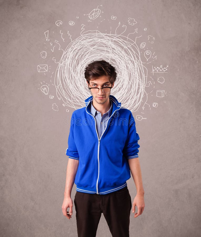 Man with Abstract Circular Doodle Lines and Icons Stock Photo - Image ...