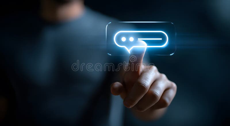 Man Activating Glowing Chat Bubble Icon on Transparent Screen ...