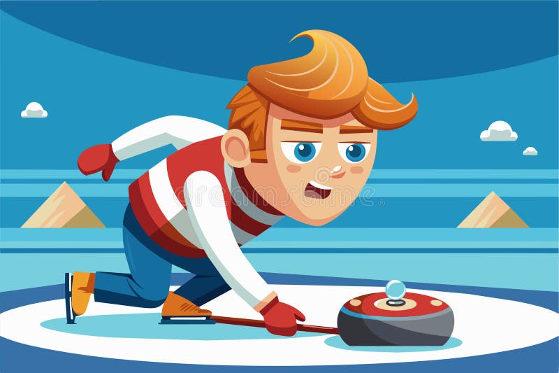 A Man is Actively Engaged in Playing Curling on an Icy Surface, Using a ...