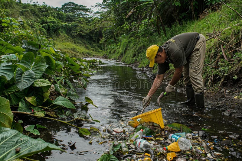 A Man Actively Removing Litter from a River, Clearing a Stream of ...