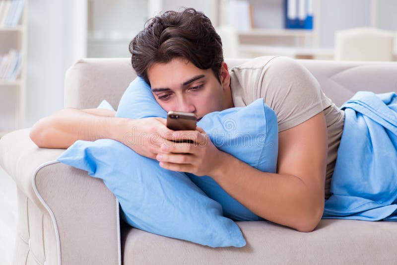 The Man Addicted To His Mobile Phone in Bed Stock Image - Image of ...