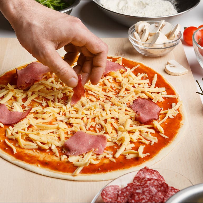 Man Adding Ham on the Pizza, Closeup Stock Image - Image of cheese ...