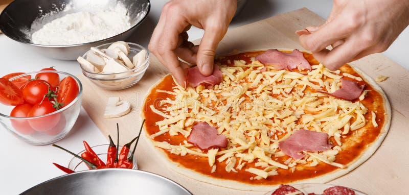 Man Adding Ham on Pizza in Pizzeria Stock Photo - Image of cuisine ...