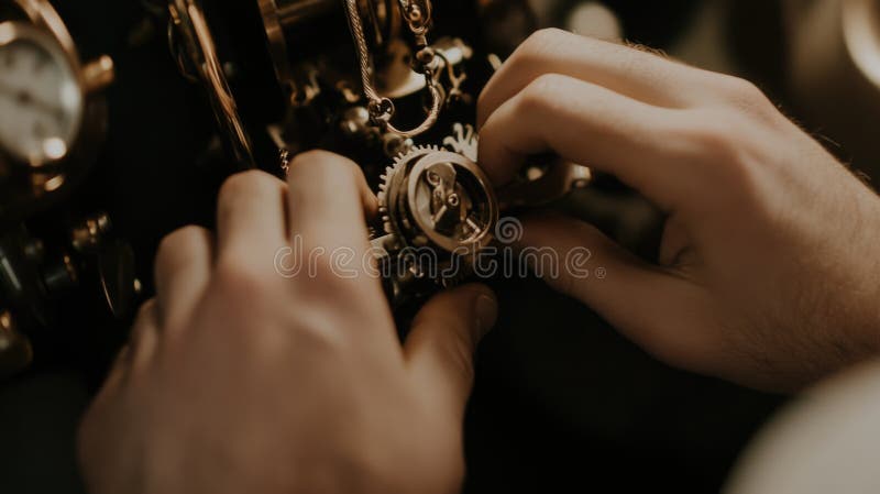 Man Adjusting Intricate Clockwork Mechanism with Precision Hands Stock ...