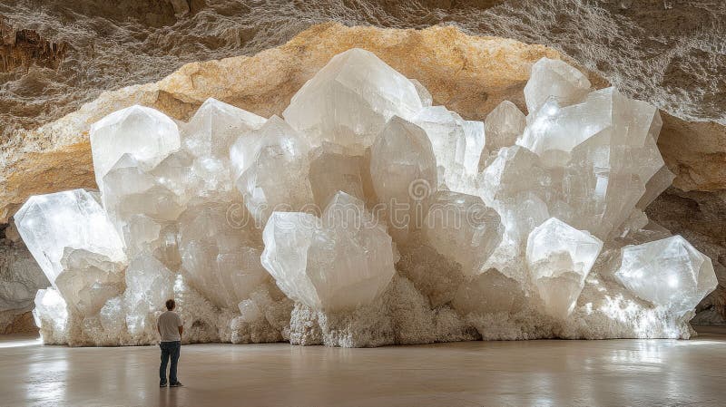 Man Admires a Massive Crystal Formation Inside a Cave Stock Photo ...