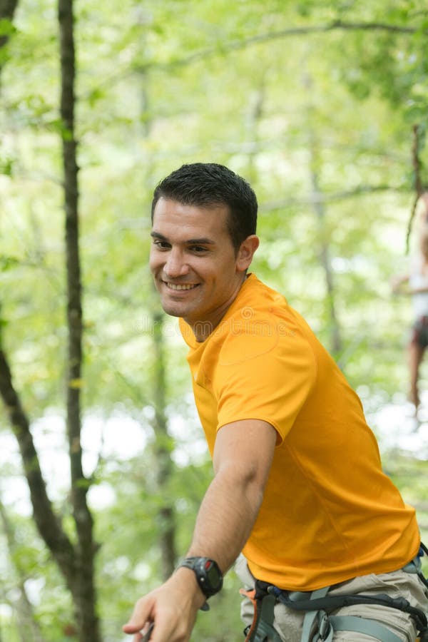 Man in Adventure Park in Forest Stock Photo - Image of climbing ...