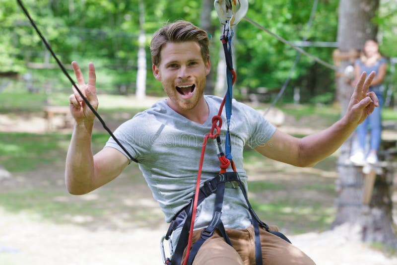 Man in Adventure Park on Tree Top Stock Photo - Image of height ...