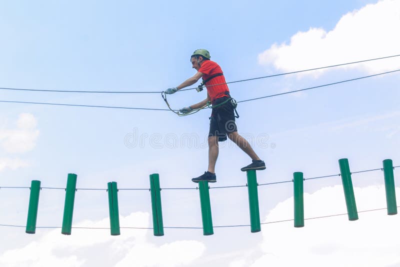 Man in Adventure Park on Tree Top Stock Photo - Image of safety ...