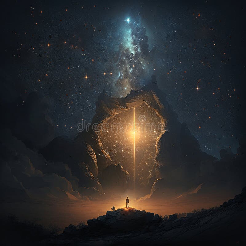 Man Against the Backdrop of a Mysterious Starry Sky Stock Illustration ...