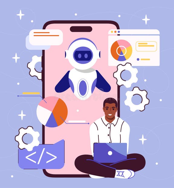 Man with AI Website. Young Guy Sits Near Smartphone with Internet Bots ...