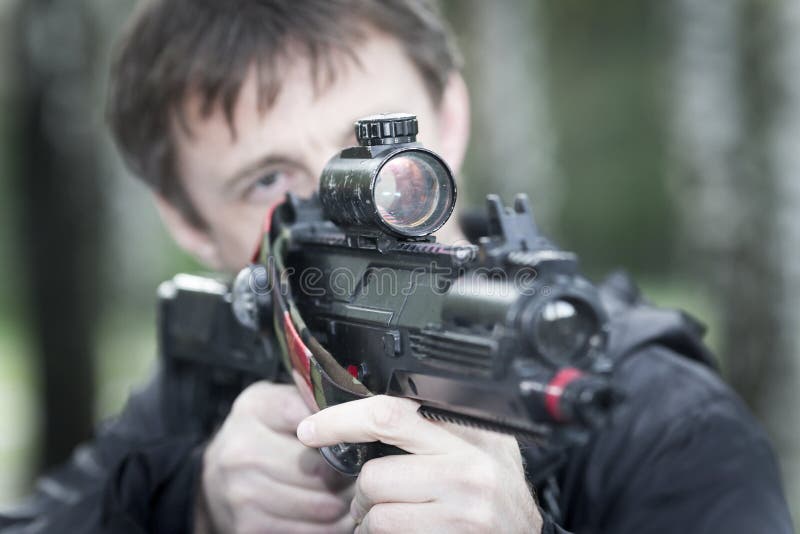 Man Aiming the Gun Laser Tag Equipment. Stock Image - Image of sensor ...