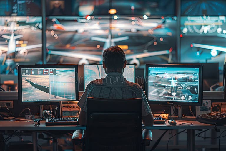 A Man, an Air Traffic Controller, Sits at a Desk in Front of Two ...