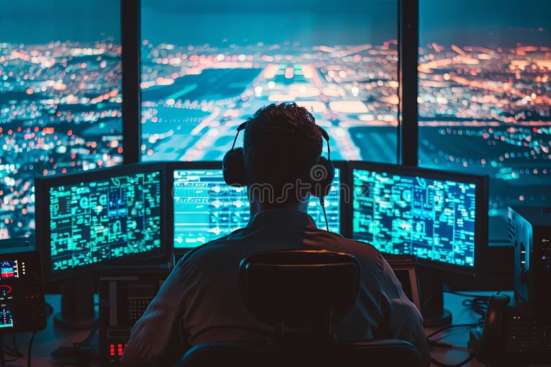 A Man, an Air Traffic Controller, Sitting at a Desk in Front of Two ...