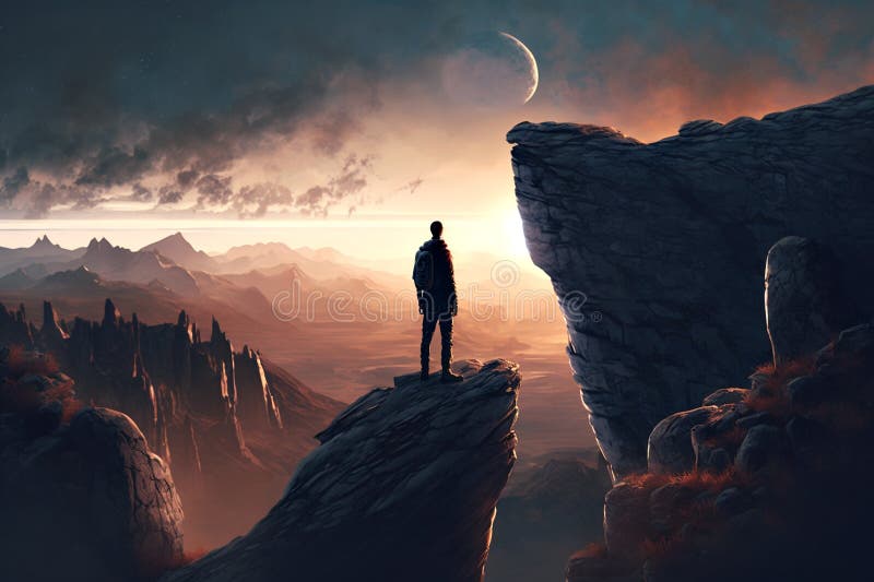 A Man Alone on a Cliff Looking at the Horizon, Cartoon Style,AI ...