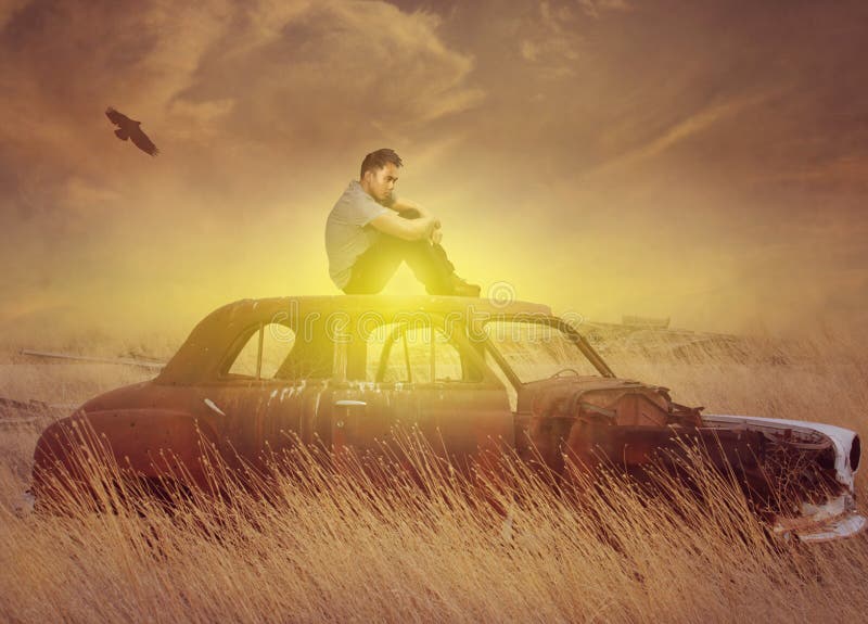 Man alone sitting on a car stock photo. Image of loneliness - 72667808
