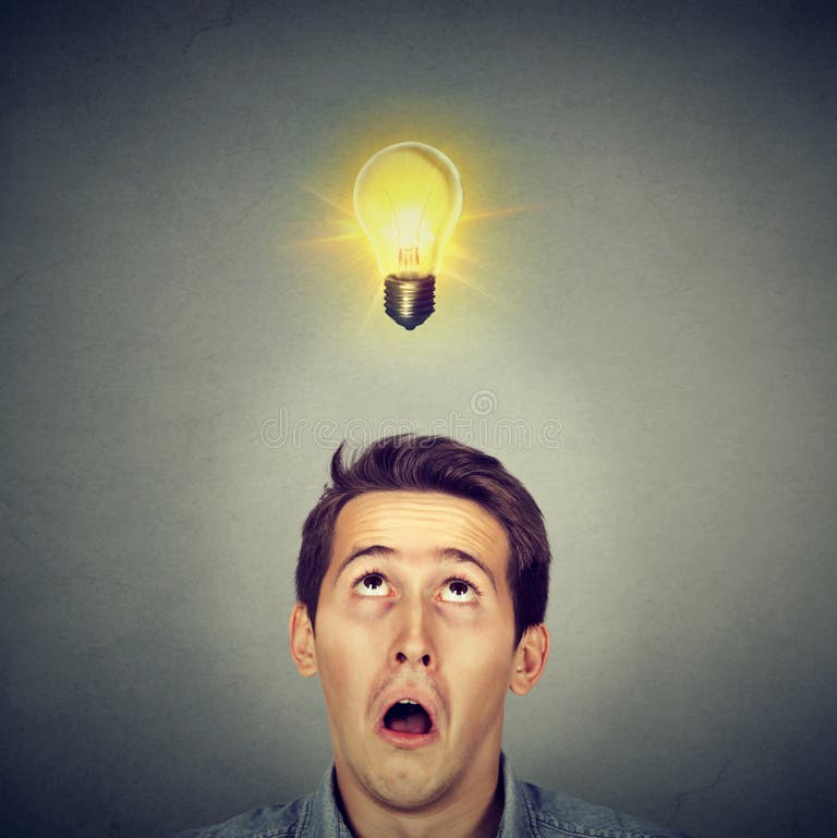 Man with Amazed Face Expression Light Bulb Over Head Stock Photo ...