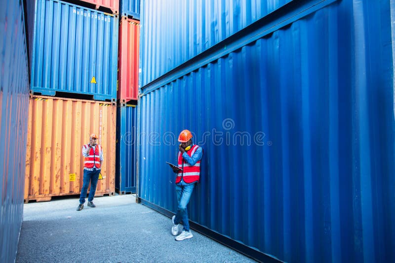 Man American African at Worker Industry Dock or Container Yard. Foreman ...