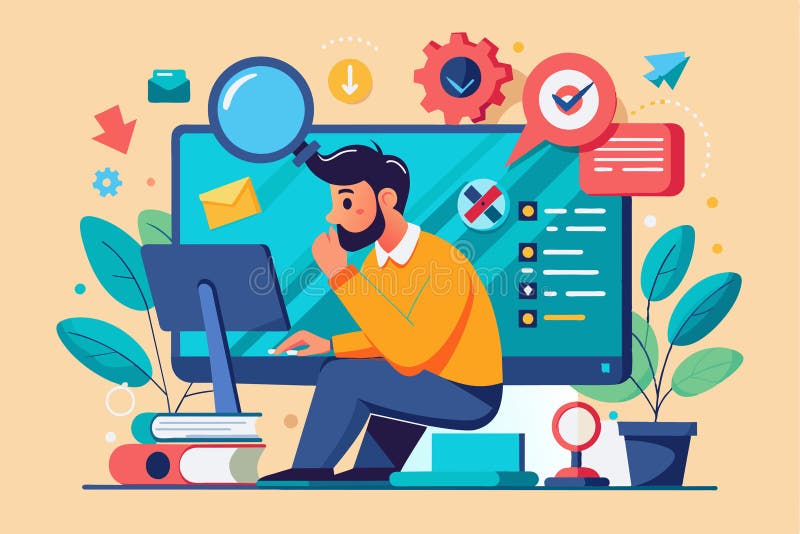 A Man Analyzes Computer Errors at His Desk, Surrounded by Tools and ...