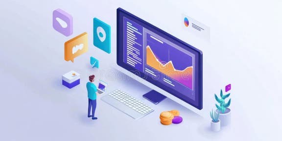 Man Analyzes Data on Computer with Financial Chart, Programming Code ...