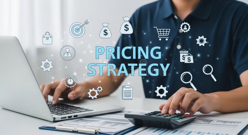 Man Analyzing Pricing Strategy with Laptop Calculator and Icons ...