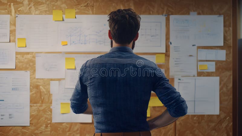 A Man Analyzes Project Notes and Plans at a Workspace, Surrounded by ...