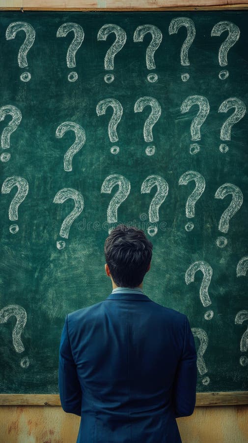 Man Analyzing Chalkboard Filled with Question Marks in a Classroom ...