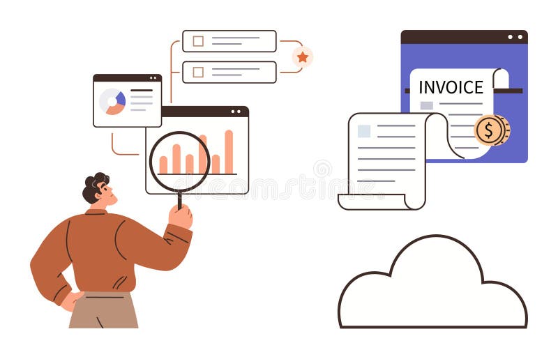 Man Analyzing Charts and Online Invoice with Cloud Document Storage Stock Illustration ...
