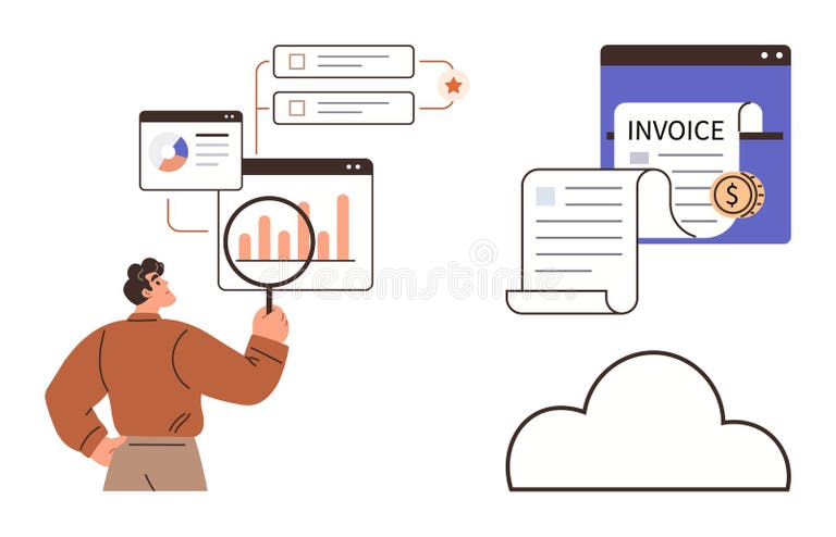 Man Analyzing Charts and Online Invoice with Cloud Document Storage Stock Illustration ...