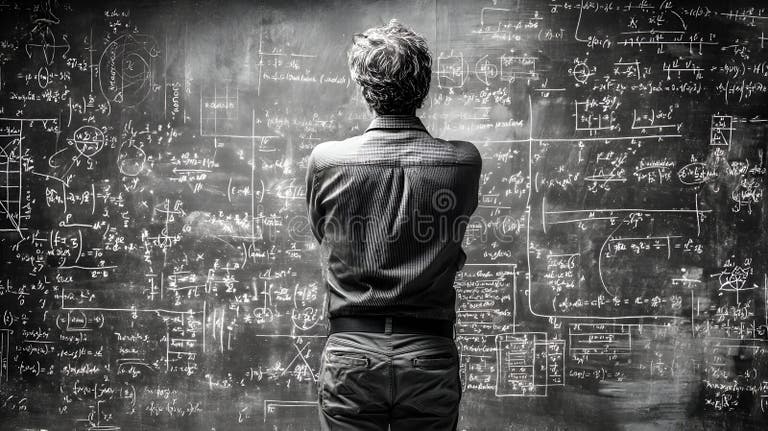 Man Analyzing Complex Mathematical Equations on Chalkboard Stock Image ...