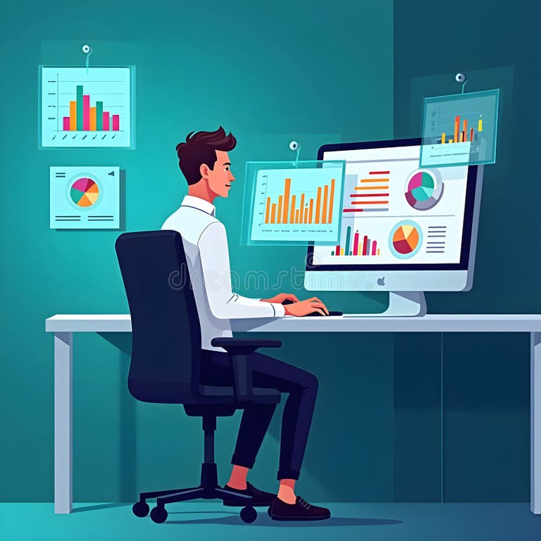 Man Analyzing Data Charts on Computer Screen for Business Intelligence and Data Analysis Tasks ...