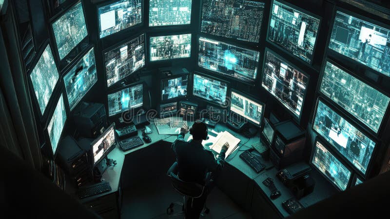 Man Analyzing Data In Dark High Tech Control Room With Multiple Screens And Computers Displaying