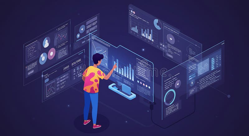 Man Analyzing Data on Futuristic Interactive Screens Stock Illustration - Illustration of ...