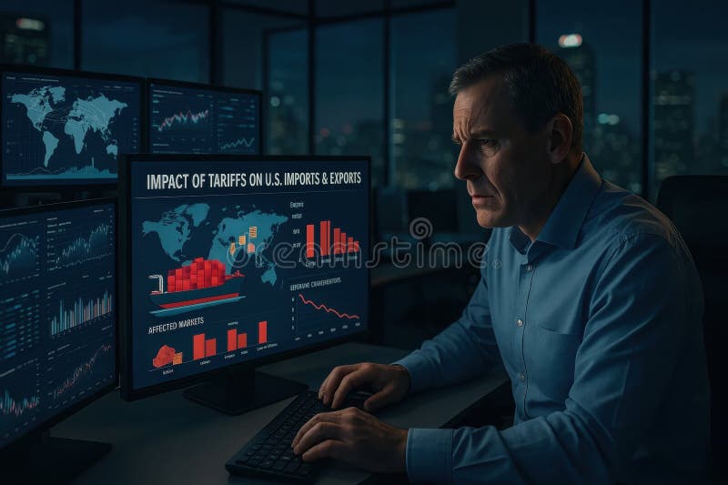 Man Analyzing Data on Global Economic Crisis with Charts and Maps on Screens in a Dimly Lit ...