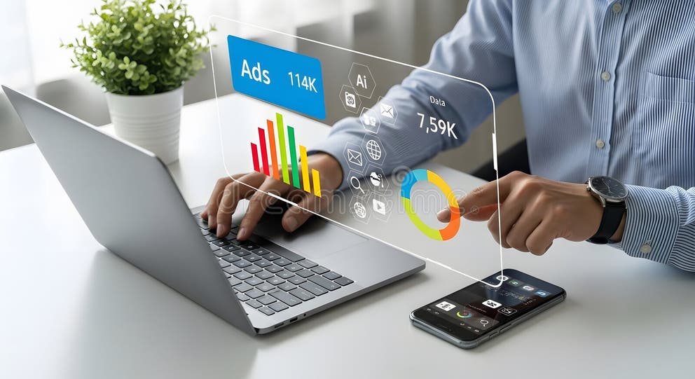 Man Analyzing Data on Laptop with Augmented Reality Interface Stock ...