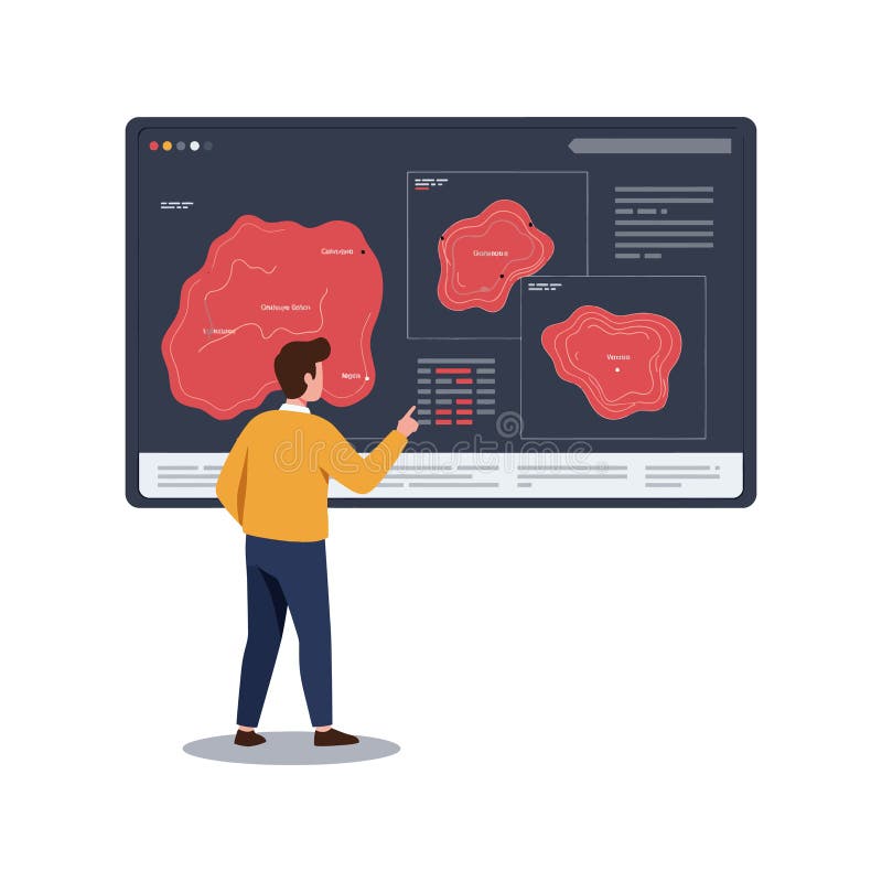 Man Analyzing Digital Map Data with Red Topographic Shapes in Flat ...