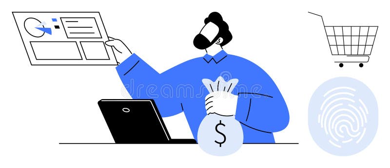 Man Analyzing Finances with Laptop and Visual Data Stock Vector ...
