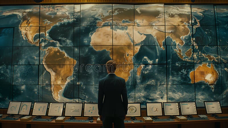 Man Analyzing Global Data on Giant World Map Screen Stock Illustration ...
