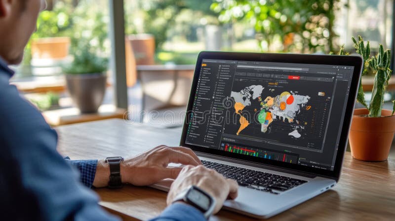 Man Analyzing Global Data on Laptop Screen with Colorful Charts and ...