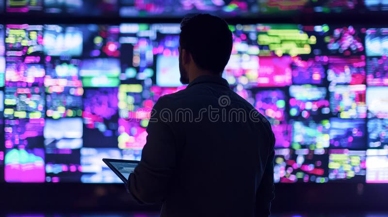 Man Analyzing Global News on High-tech Video Wall Display with Digital ...