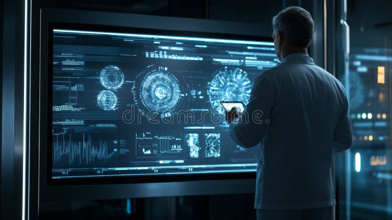 Man Analyzing Healthcare Data on a High Tech Screen, Representing ...