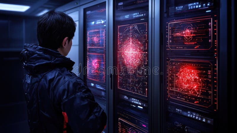 Man Analyzing High-Tech Data Display in a Dark Server Room Environment ...