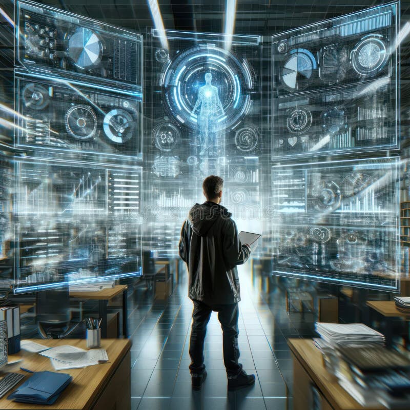 Man Analyzing Holographic Data and Humanoid Avatar in High-Tech Room ...