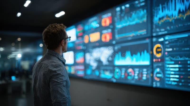 Man Analyzing Multiple Data Visualization Screens in Modern Control ...