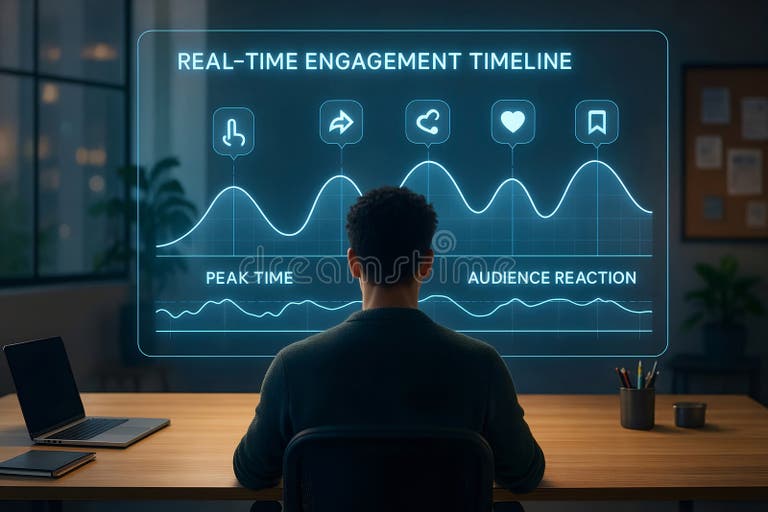 A Man Analyzing Real-time Engagement Timeline Data Displayed on a ...