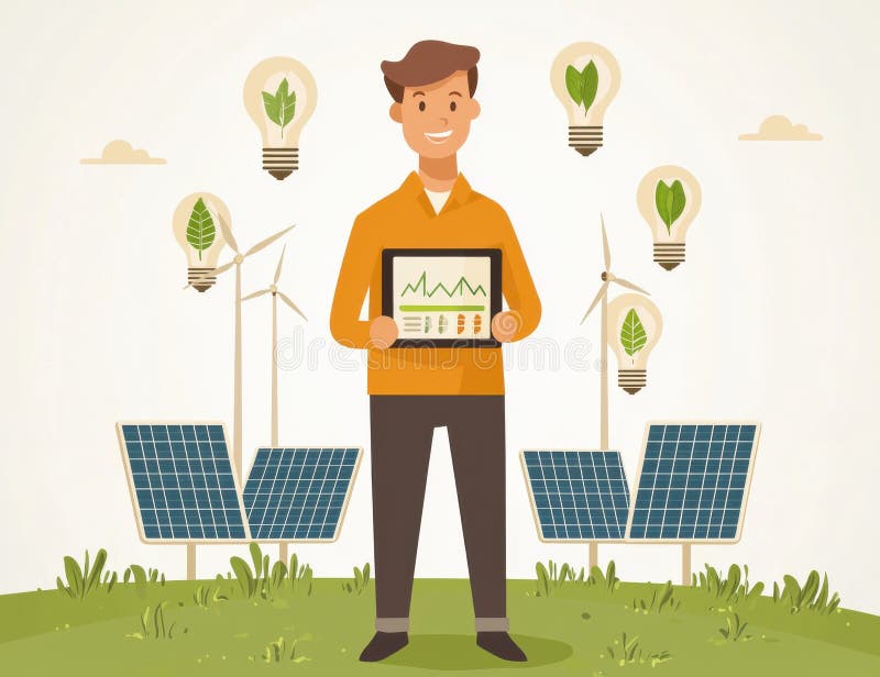 Man Analyzing Renewable Energy Data with Solar Panels and Wind Turbines ...